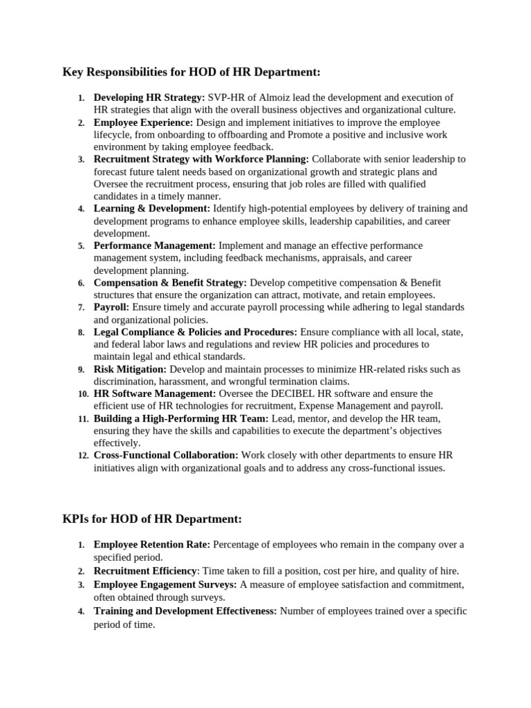 HOD Responsibilities in HR Management | PDF | Human Resource Management ...