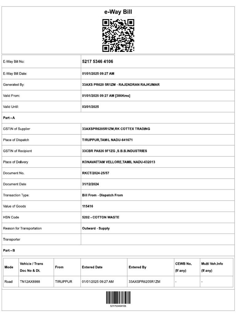 Eway Bill - SBB Industries | PDF