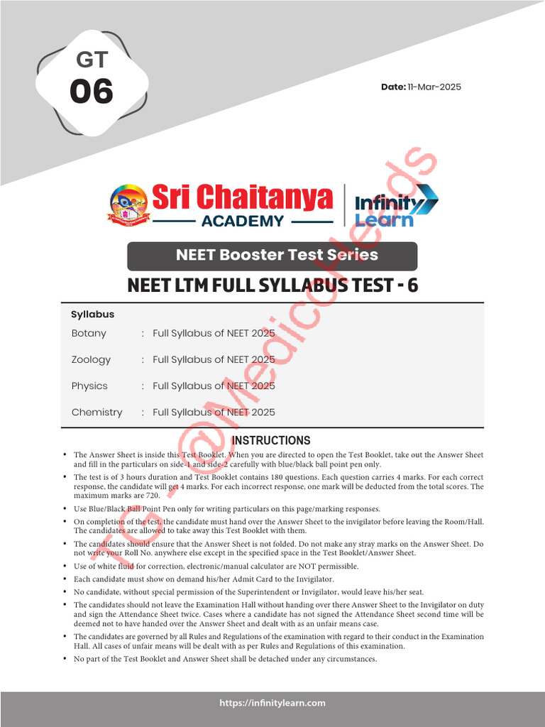 NEET Booster Test Series - LTM - Grand Test - 6 - @MedicoHeads | PDF ...