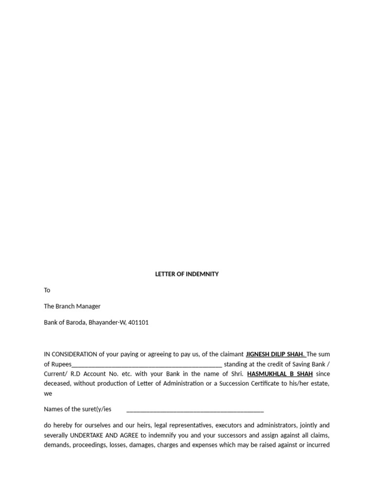 Indemnity Letter for Bank of Baroda | PDF