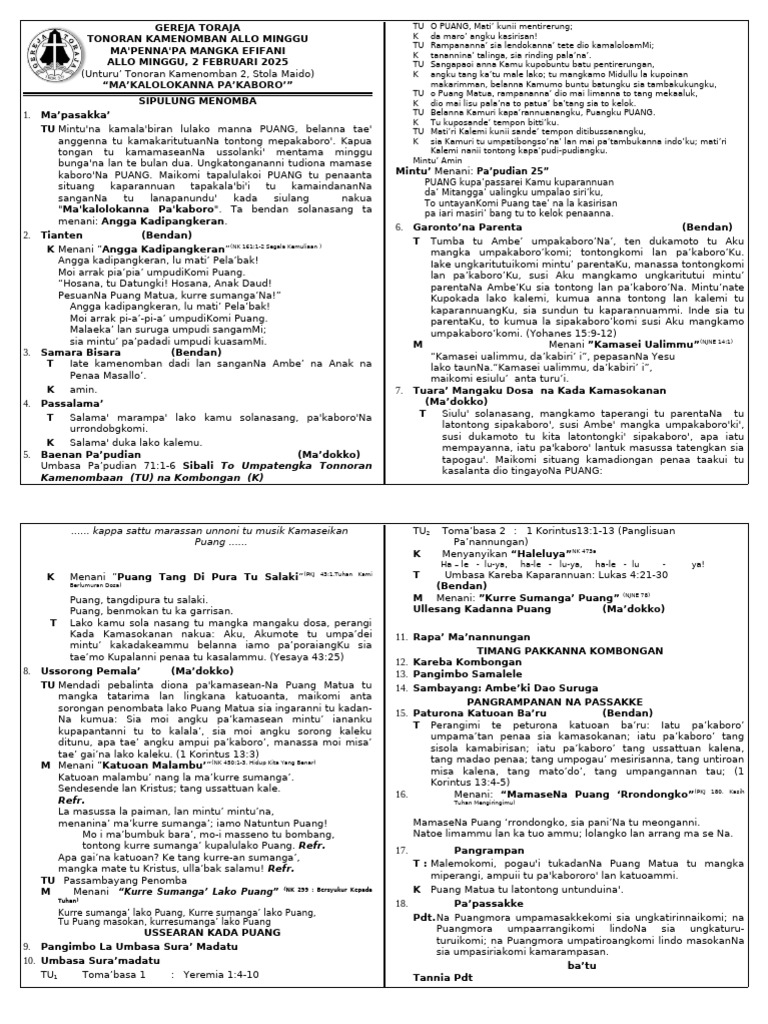 Liturgi 2 Februari 2025 Lit 2 Bahasa Toraja | PDF
