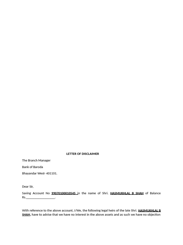 Bank of Baroda Disclaimer Letter | PDF