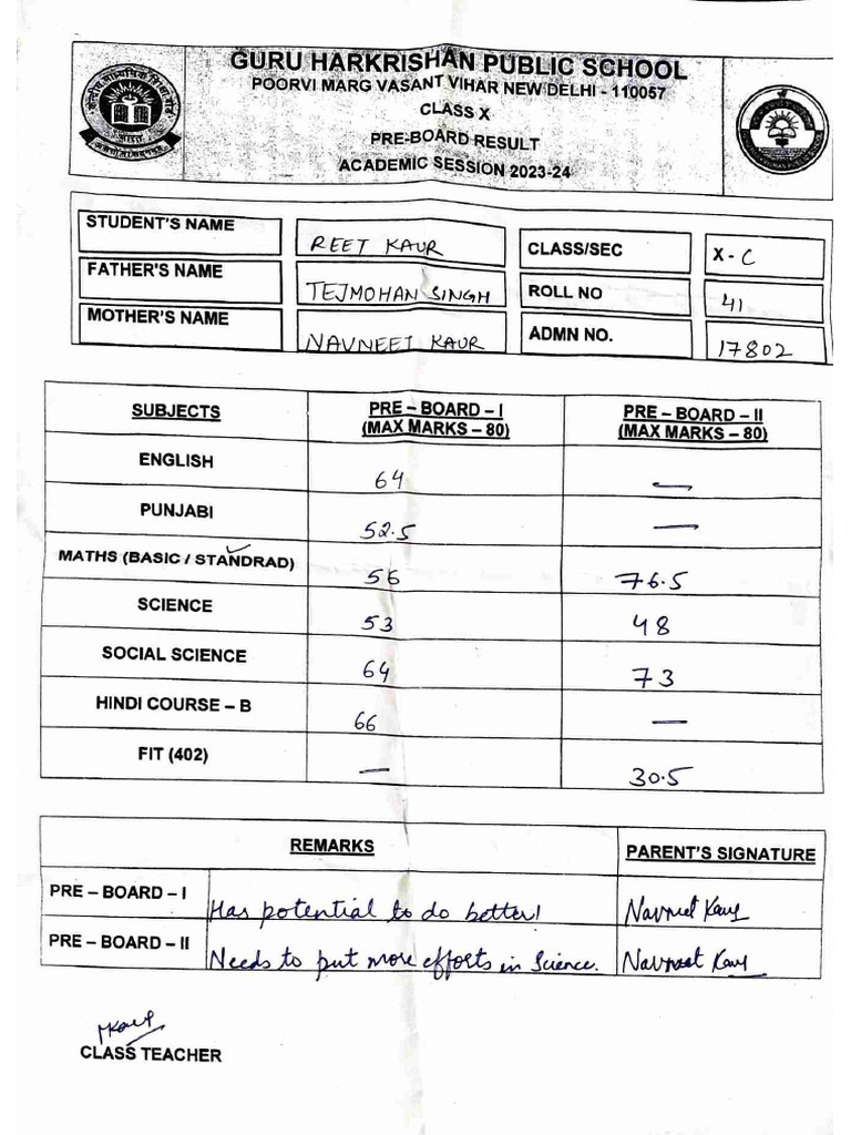 Pre Board Marksheet | PDF