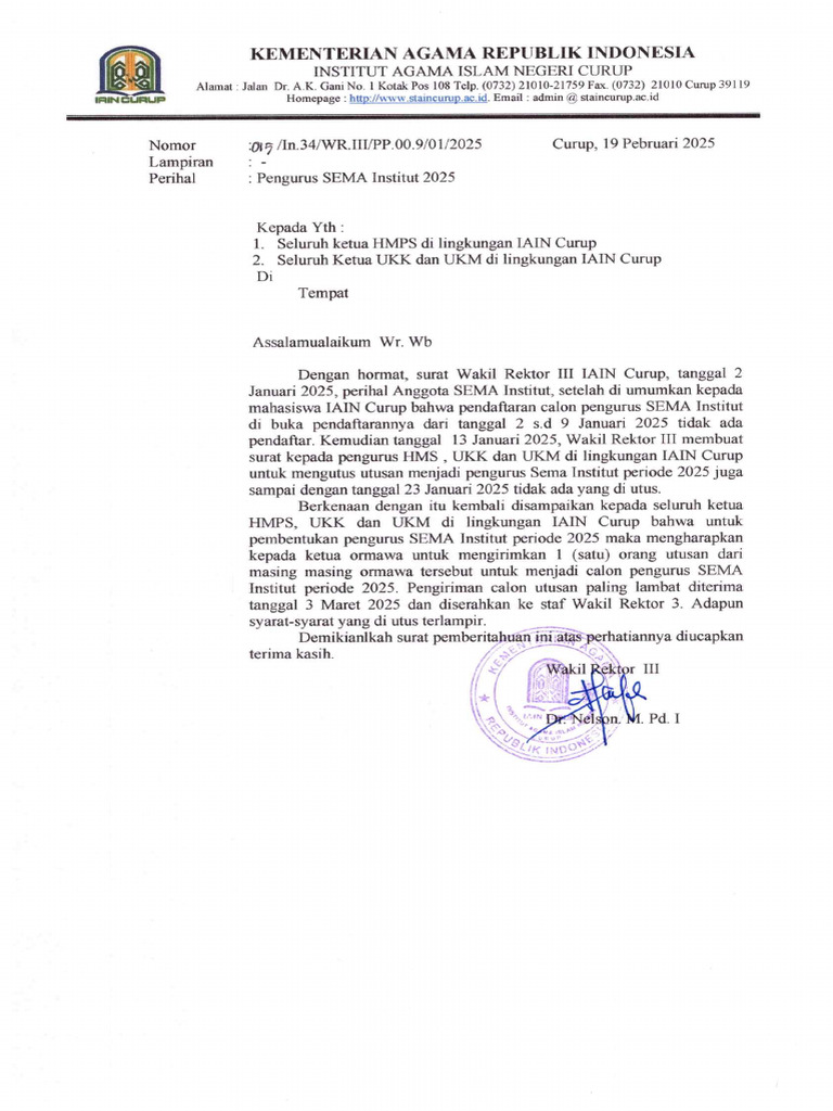 Penjaringan Pengurus SEMA Institut | PDF