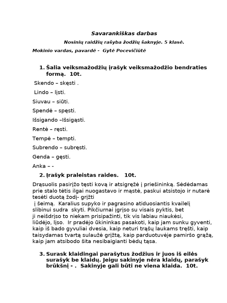 5kl - Sav.darbas. Nosinių Raidžių Rašyba Šaknyje. | PDF
