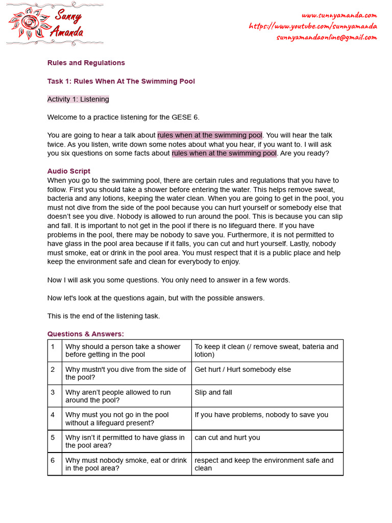 GESE 6 Rules and Regulations Rules When at The Swimming Pool | PDF