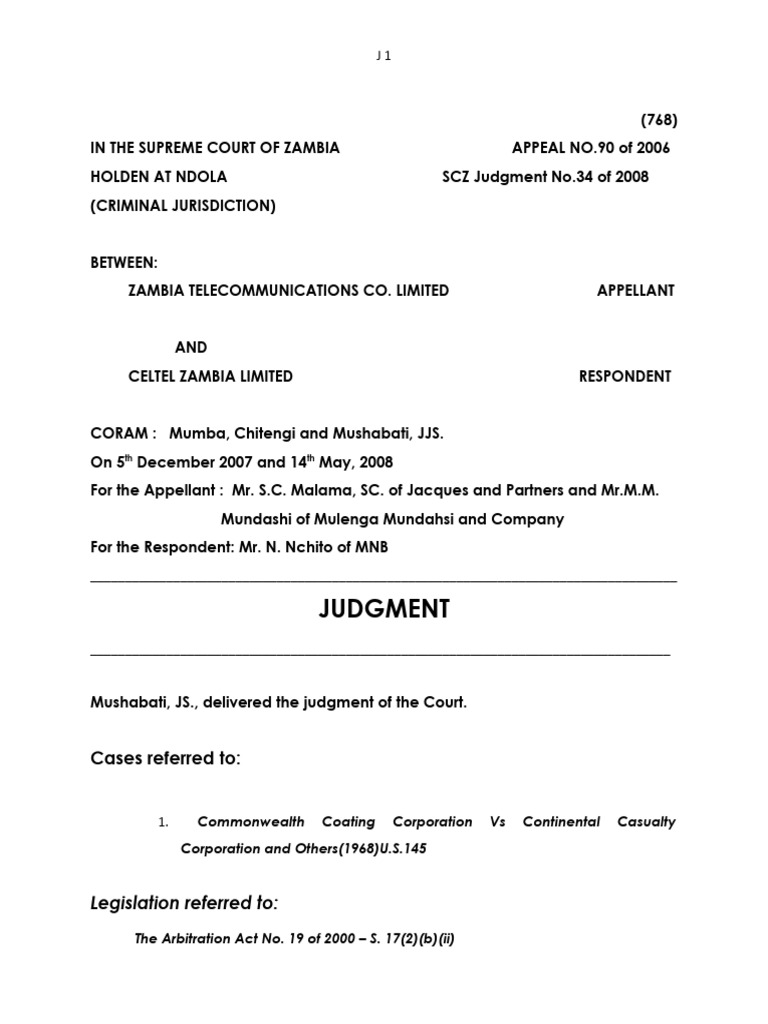 CelTel Zambia vs. Zamtel Arbitration Appeal | PDF | Judge | Arbitration