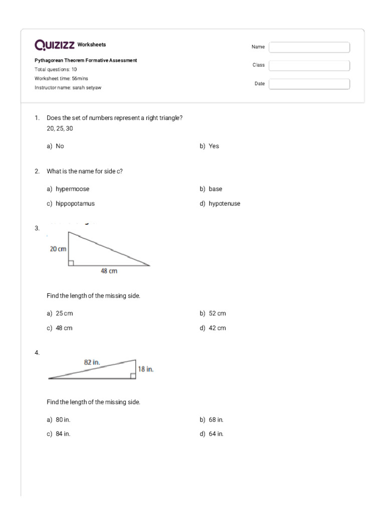 Pythagorean Theorem Formative Assessment - Quizizz | PDF | Length ...