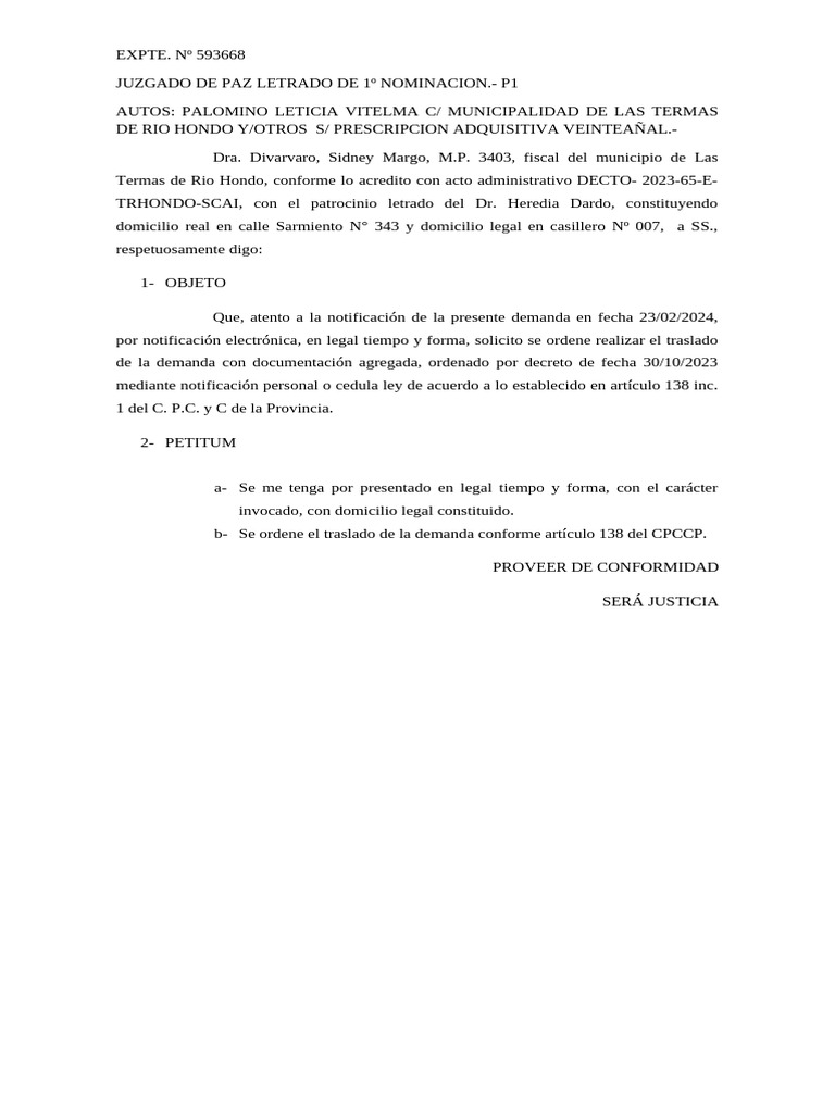 Solicitud de Traslado de Demanda Por Notificacion Personal o Cedula | PDF