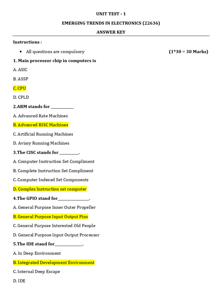 ETE 22636 Unit Test Answer Key | PDF | Central Processing Unit ...