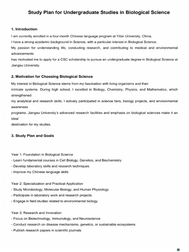 Study Plan Biological Science Jiangsu University | PDF