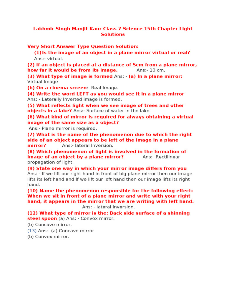 Lakhmir Singh Manjit Kaur Class 7 Science 15th Chapter Light Solutions ...