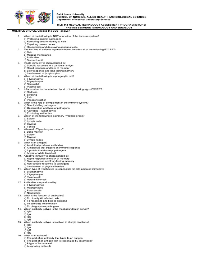 Immunology and Serology Assessment Guide | PDF | Immune System | Hepatitis B