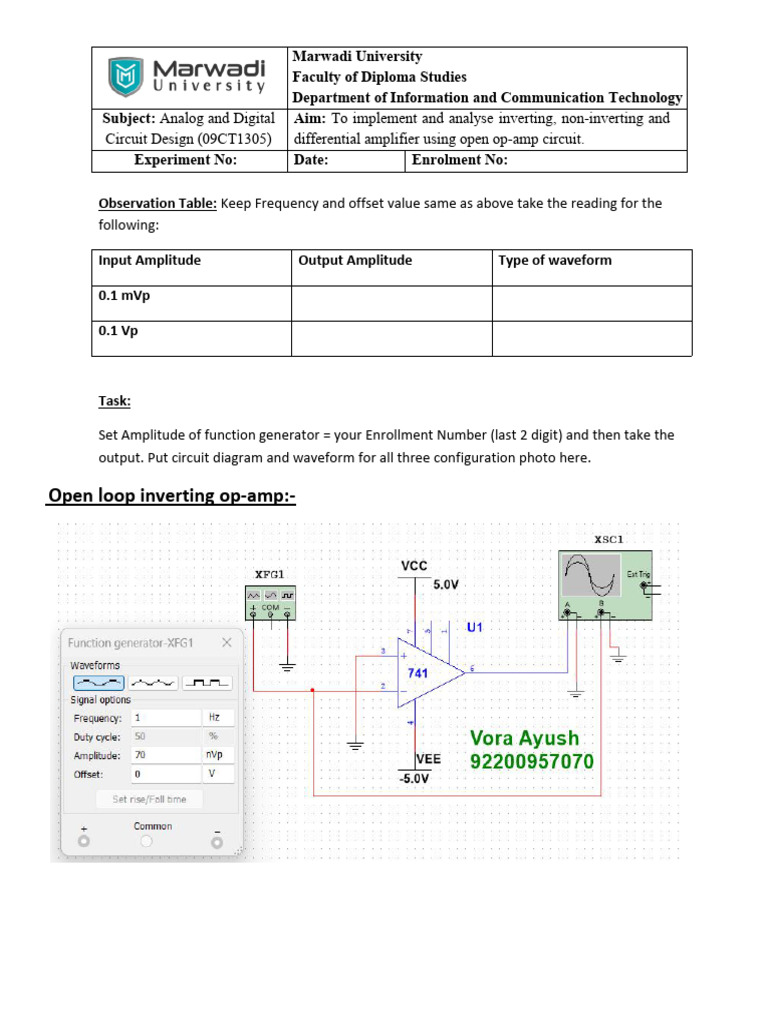 Lab 3 Implement And Analyse Inverting Non Inverting And Differential Amplifier Using Open Op