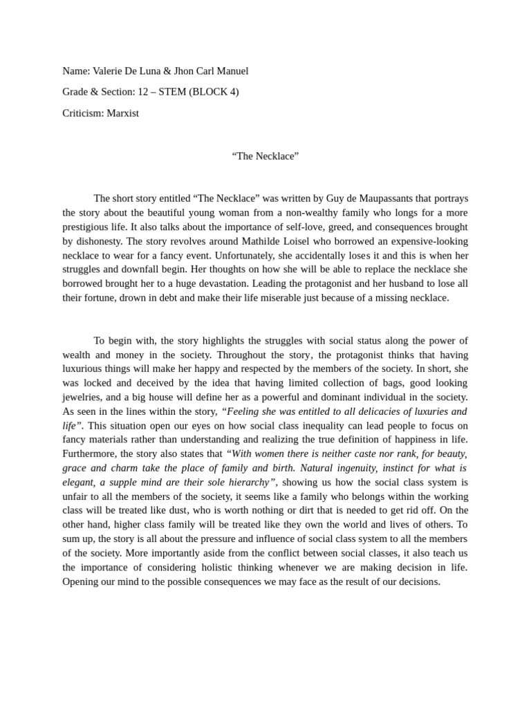 Marxist Critique of "The Necklace" | PDF