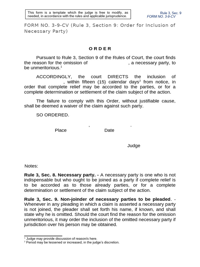 Sample FORM NO. 3-9-CV (Order For Inclusion of Necessary Party) | PDF ...
