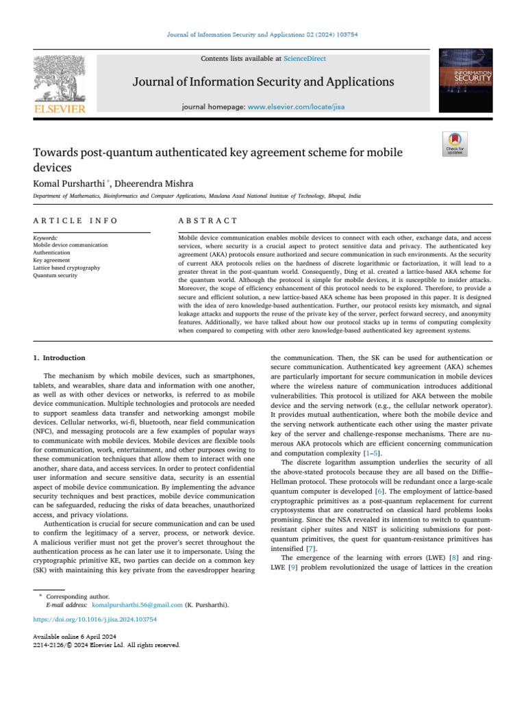 Towards post-quantum authenticated key agreement scheme for mobile devices | PDF | Computer ...