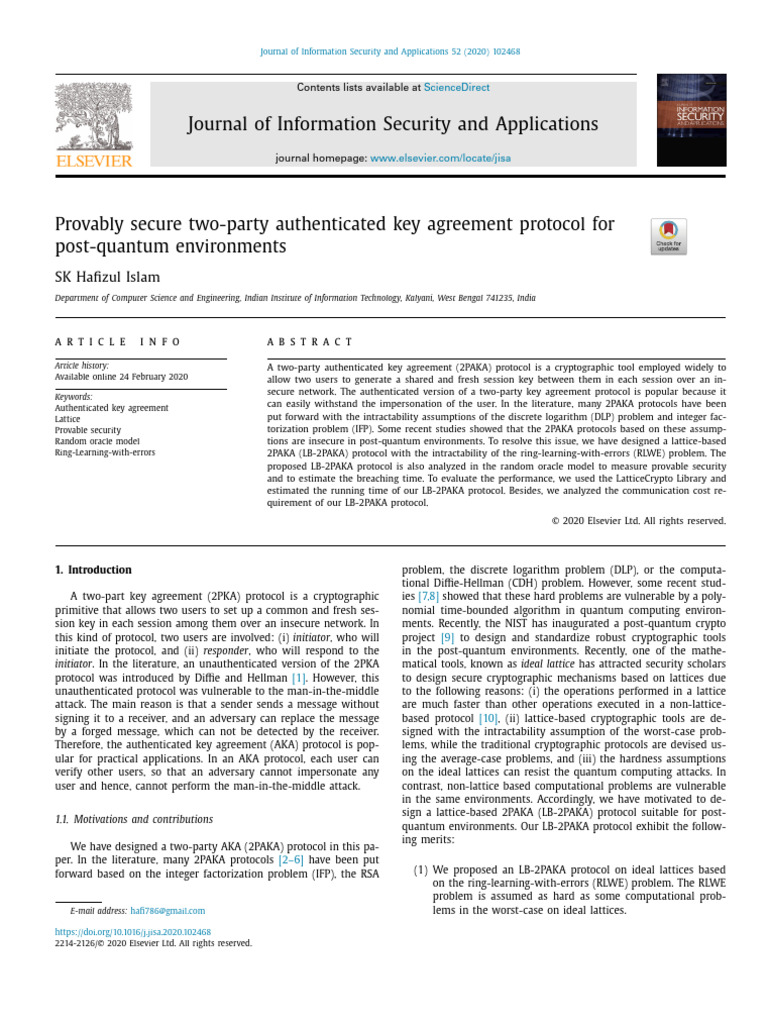 Provably Secure Two-Party Authenticated Key Agreement Protocol For Post-Quantum Environments ...