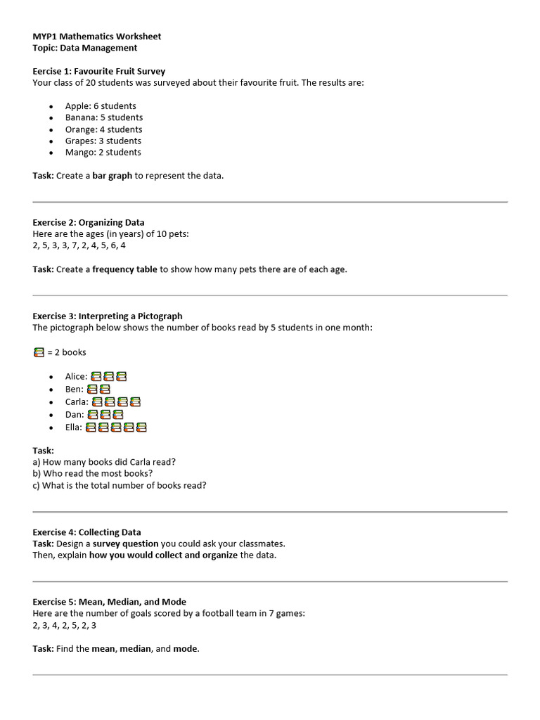 MYP1 Mathematics Worksheet Data management 1 | PDF