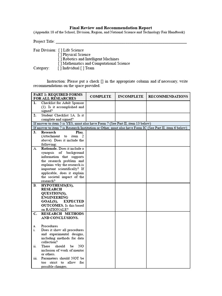 Science Fair Final Review Checklist | PDF | Science | Risk