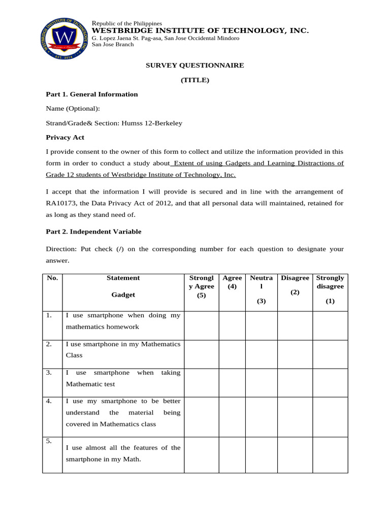 Survey Questionnaire Sample | PDF | Computing
