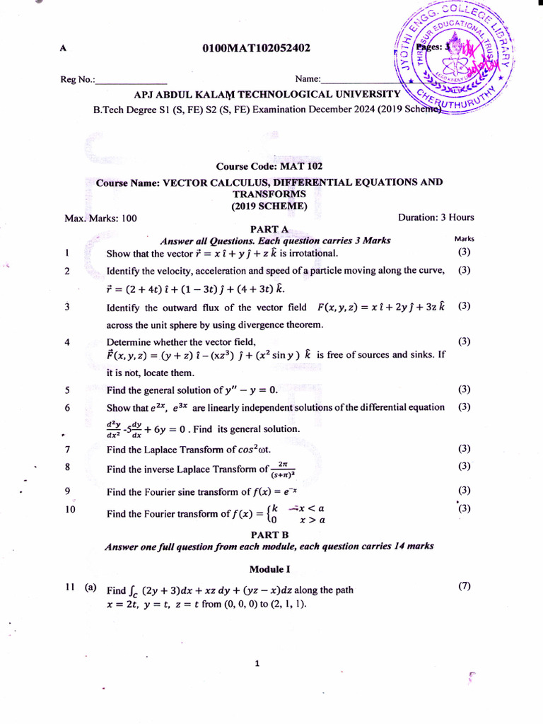 Mat102 Vector Calculus, Differential Equations and Transforms, December 2024 | PDF | Algebra ...