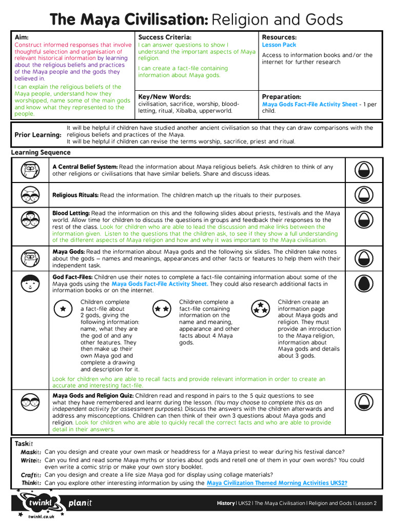 Lesson Plan Gods and Religion | PDF | Deities | Maya Civilization