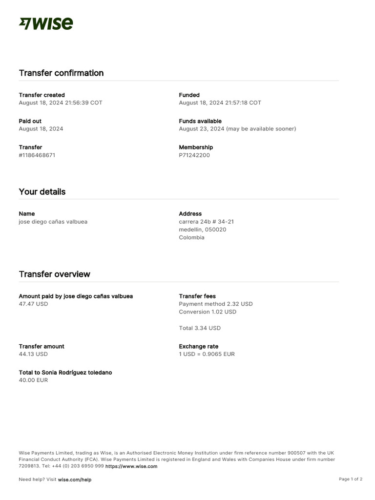 Wise Transfer Confirmation Details | PDF | Service Industries | Banking