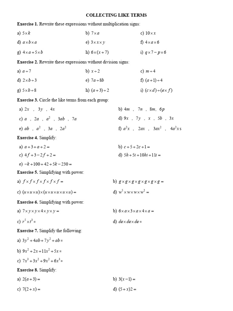 Lesson 4. Collecting Like Terms | PDF