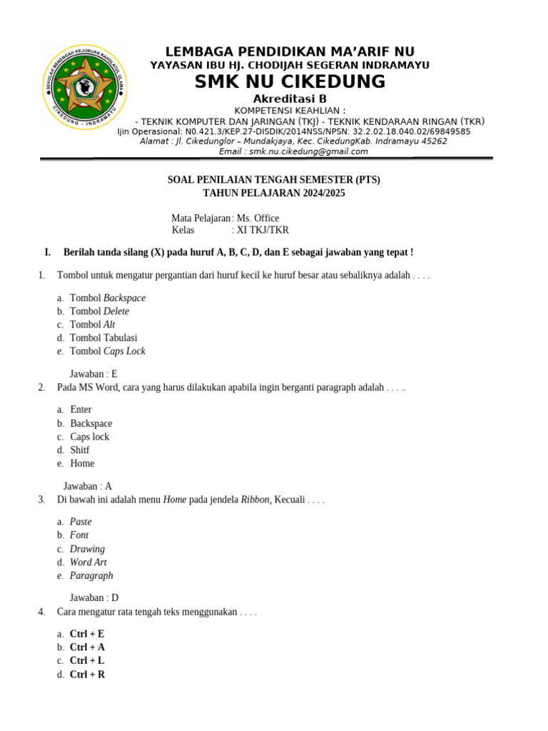 Soal PTS Microsoft Word Kelas XI TKJ/TKR | PDF