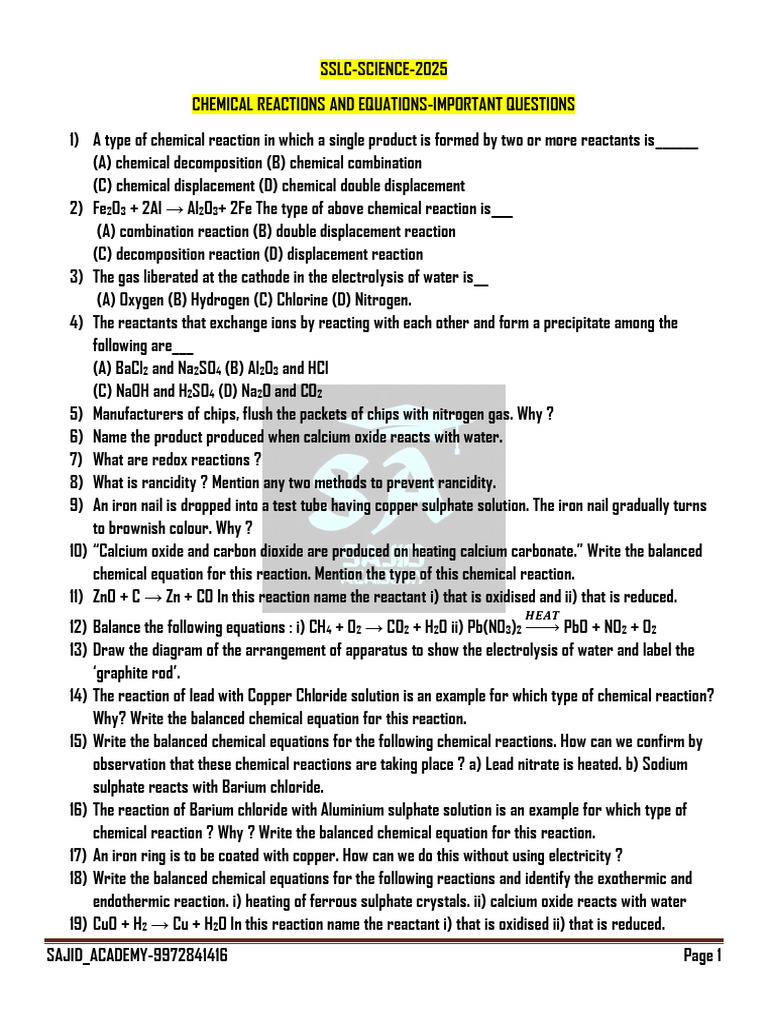 SSLC Science 2025: Key Questions | PDF | Acid | Chemical Reactions