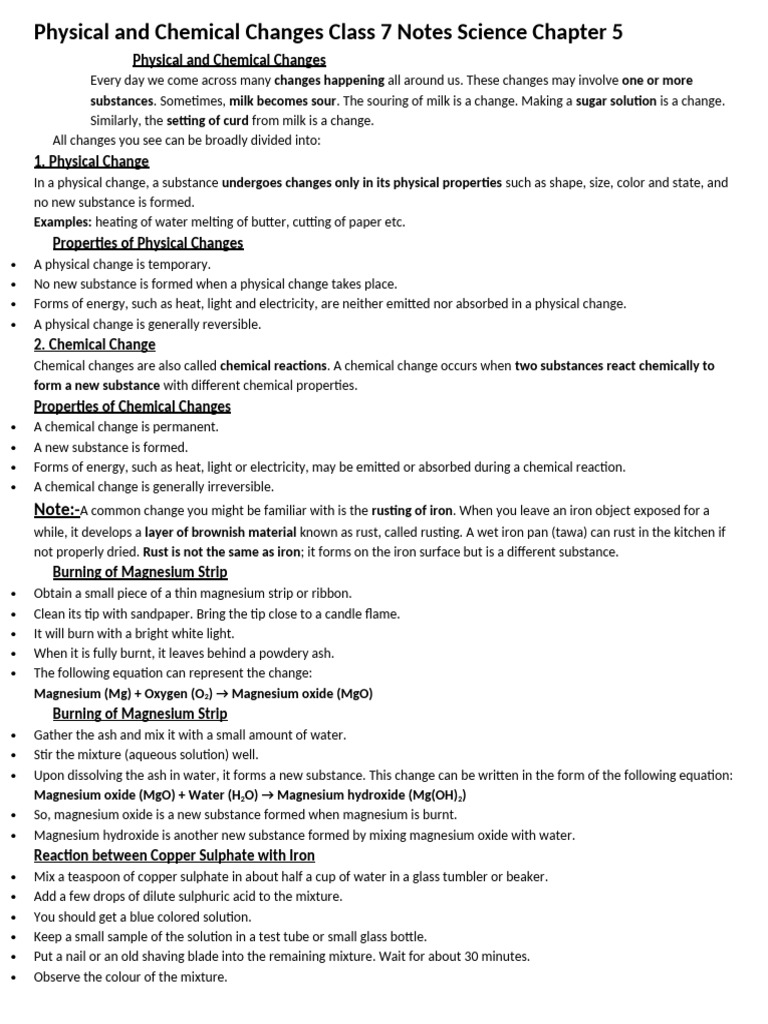 Physical and Chemical Changes Class 7 Notes Science Chapter 5 | PDF ...