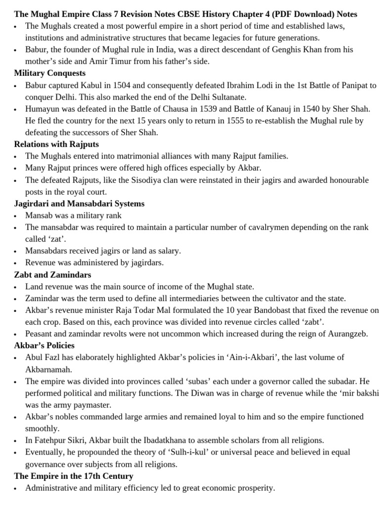 The Mughal Empire Class 7 Revision Notes CBSE History Chapter 4 | PDF ...