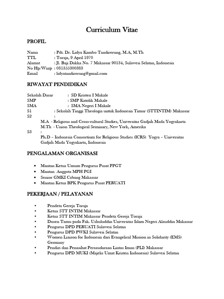 CV Singkat - Pdt. Lidya K. Tandirerung | PDF