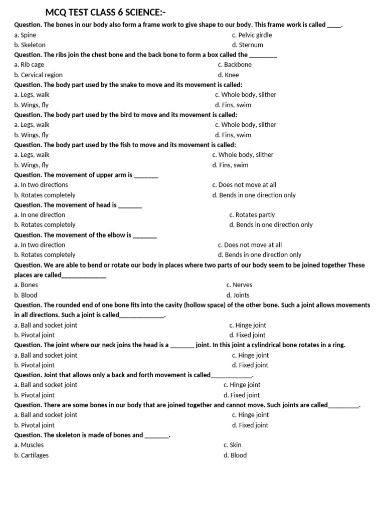 Class 6 Science MCQ on Human Anatomy | PDF | Skeleton | Musculoskeletal ...
