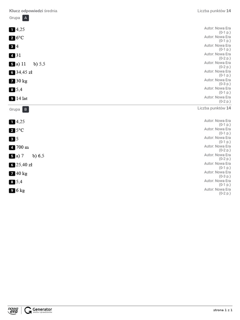 Ĺ Rednia Klucz Odpowiedzi | PDF