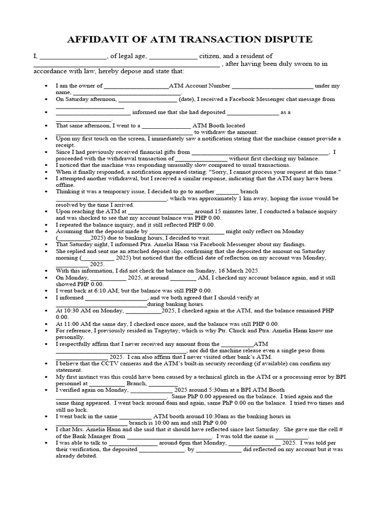 ATM Transaction Dispute Affidavit | PDF | Automated Teller Machine | Banks