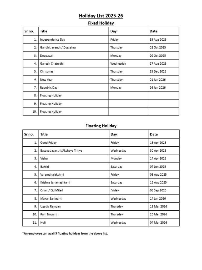 Holiday List 2025-26 Overview | PDF