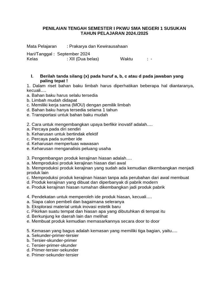 Soal Uts Pkwu 2024 Semester 1 | PDF