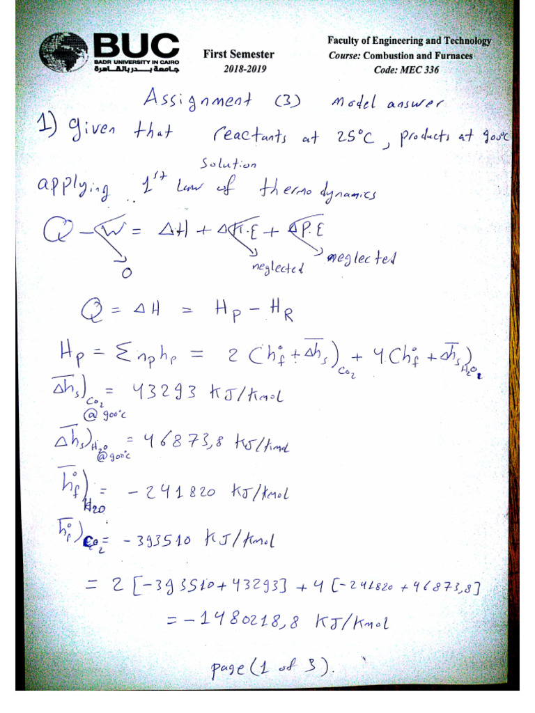 Assignment 3 Combustion Model Answer | PDF