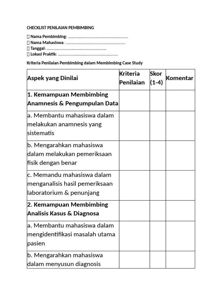 CHECKLIST PENILAIAN PEMBIMBING Untuk Case Study | PDF