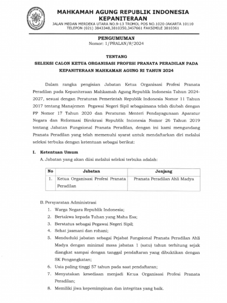 Pengumuman Seleksi Calon Ketua Pralan | PDF