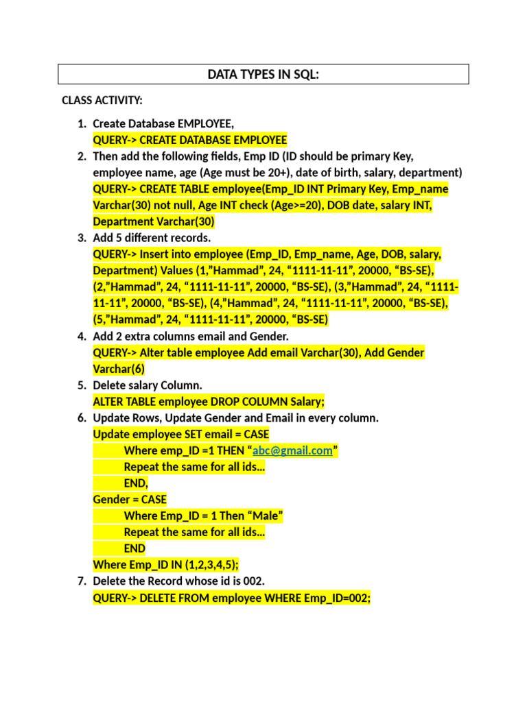 DATA TYPES IN SQL updated | PDF