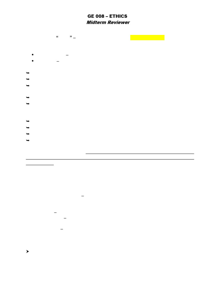 GE 008 - Ethics (Midterm Reviewer) | PDF | Utilitarianism | Morality