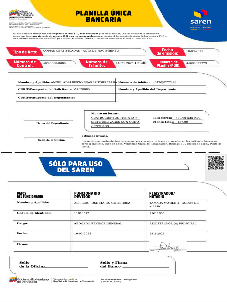 Adalberto Suarez Saren Partida | PDF | Certificado de nacimiento