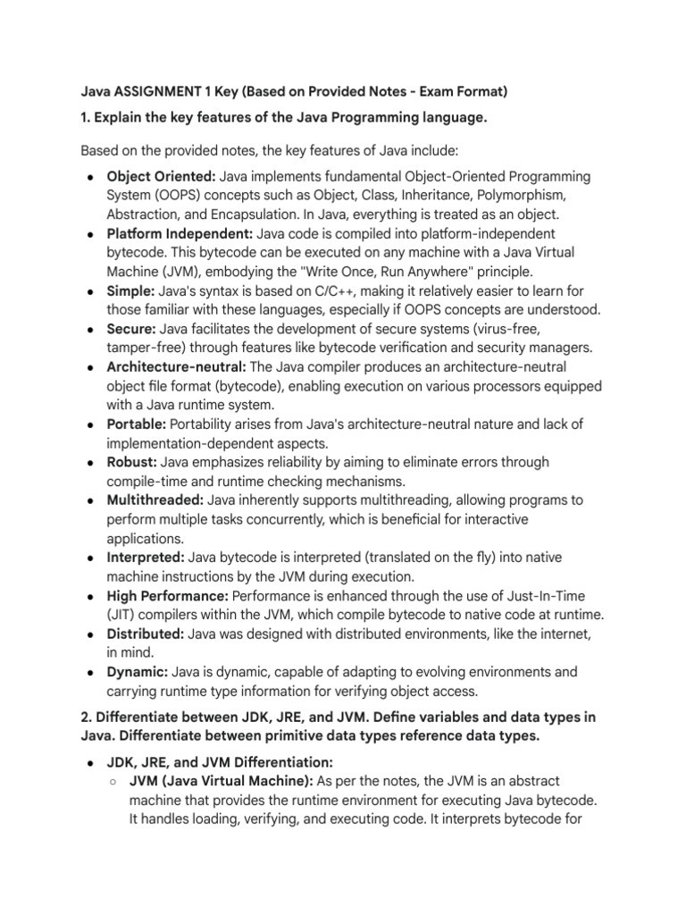 Java ASSIGNMENT 1 Answer Key (Exam Format) | PDF | Java Virtual Machine | Java (Programming ...