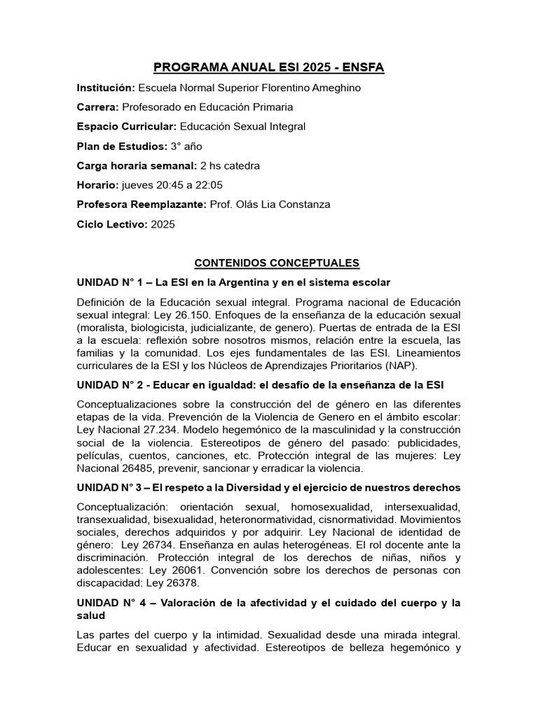 Programa ESI 2025 - Escuela Normal Ameghino | PDF | Educación sexual ...