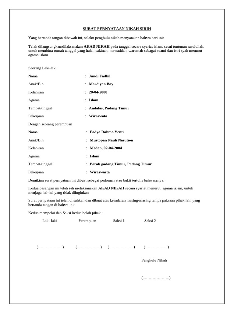 Surat Pernyataan Nikah Sirih | PDF