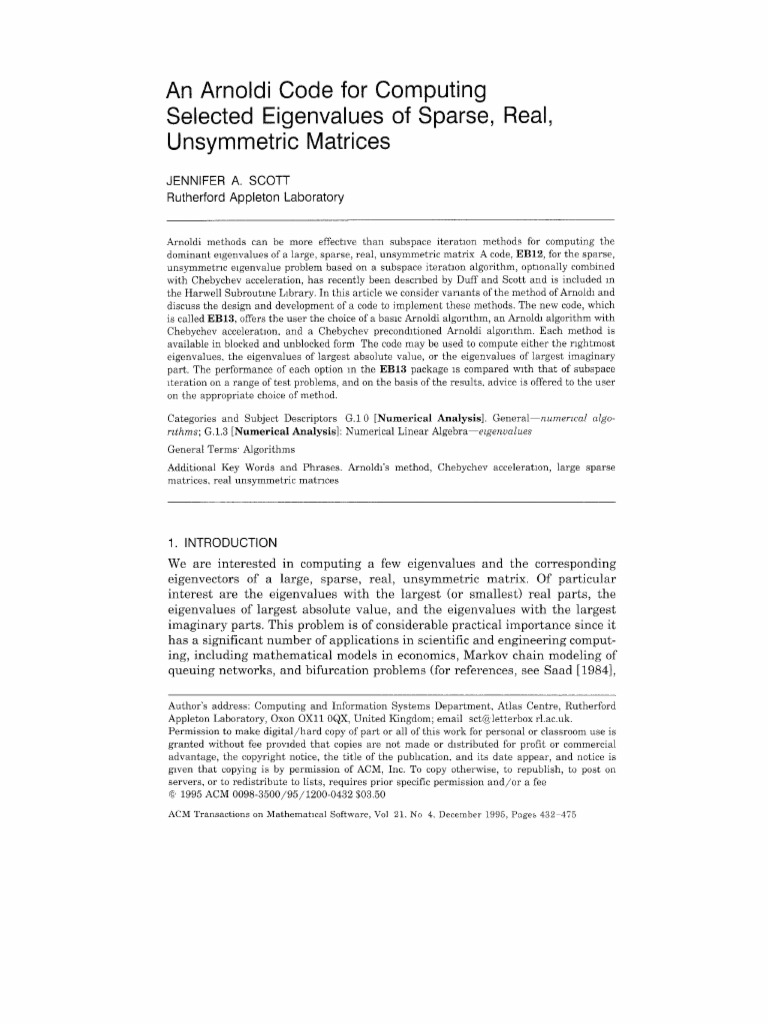 An Arrmldi Code For Computing Selected Eigenvalues of Sparse, Real, Unsymmetric Matrices | PDF ...