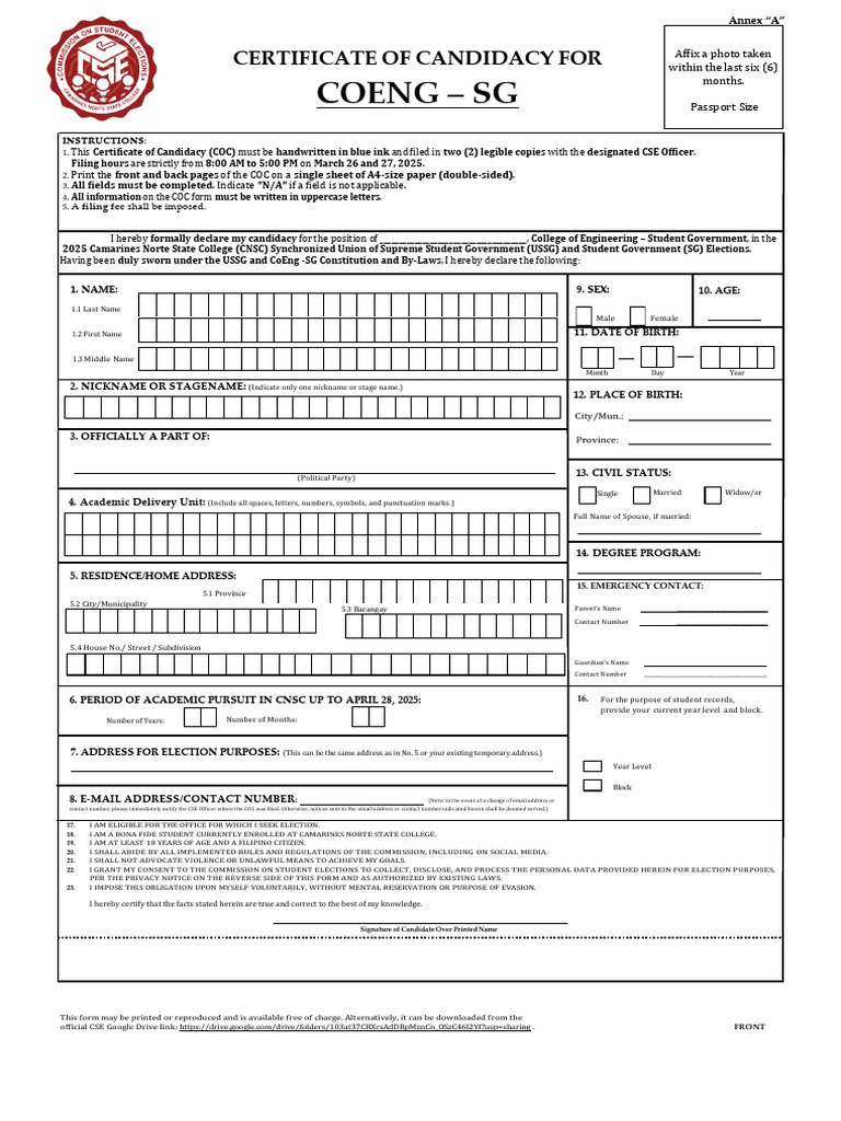 Certificate of Candidacy Instructions | PDF | Government | Justice